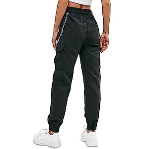 ZAFUL Cargo Pants for Women High Waisted Jogger Pants Outdoor Sweatpants Casual Pants with Chain (1-Black,L)