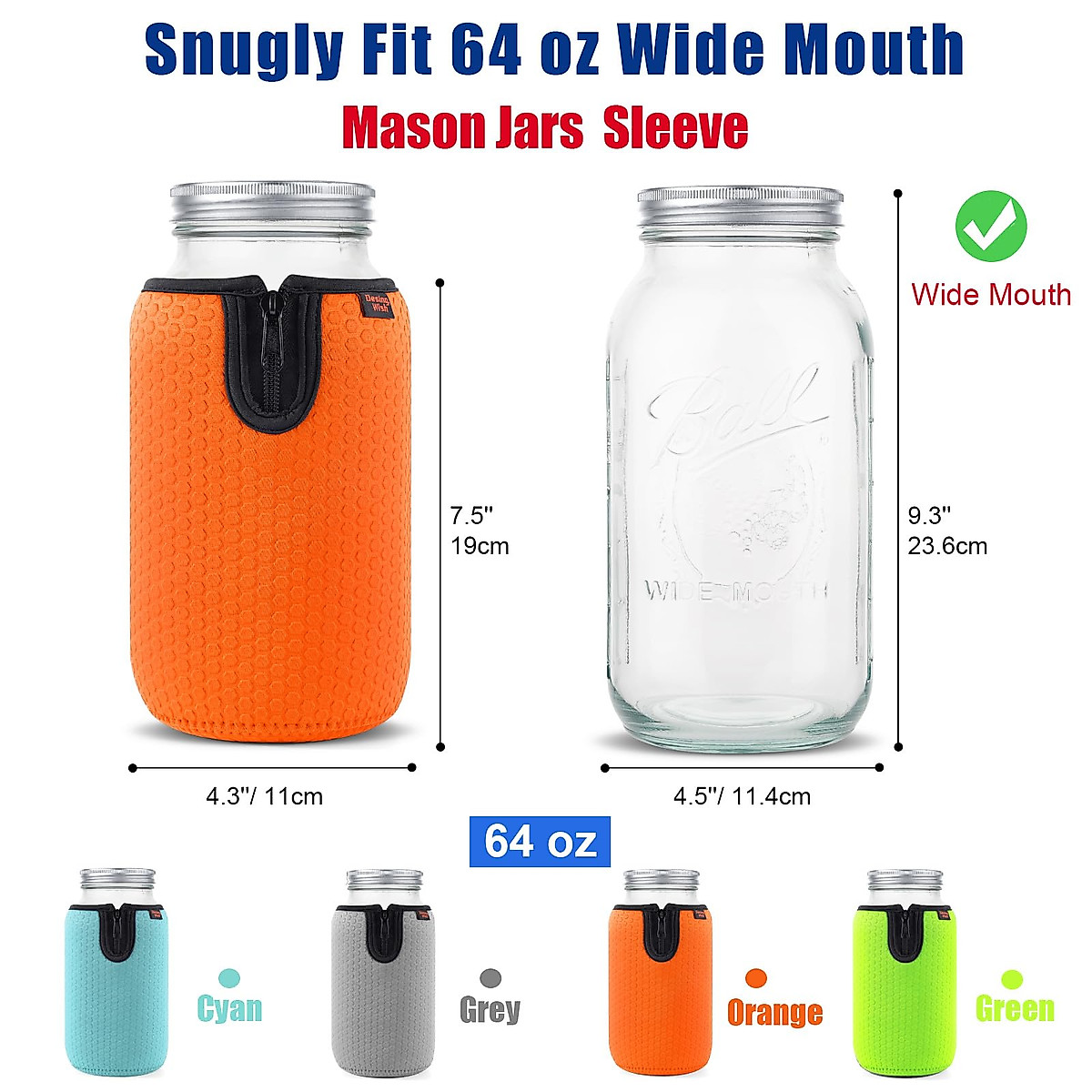 Desing Wish 64 oz Wide Mouth Mason Jar Neoprene Sleeve, 64oz Non-slip Cozy Insulated Glass Jars Protector Holder Sleeves 4.3 x 7.5 Inches - 4 Pack (Orange/Green/Cyan/Grey)