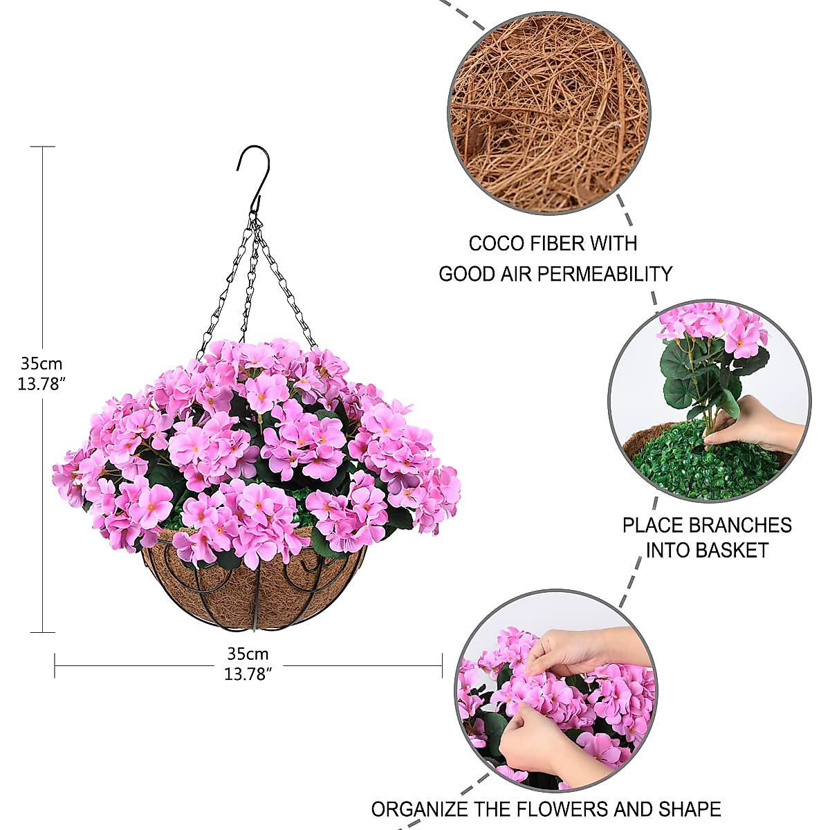 ZFProcess Artificial Flowers Hanging Basket with Begonia Silk Flowers for Outdoor/Indoor, Artificial Geranium Flowers in 12'' Basket for Patio Lawn Garden Summer Decoration(Deep Pink)