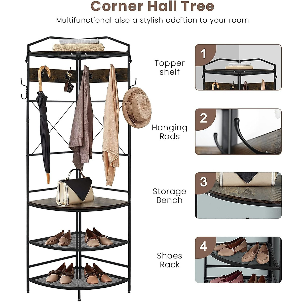 LTTROMAT 4-Tier Corner Hall Tree with Shoe Bench, Entryway Coat Rack with Storage, Industrial Corner Clothes Rack with 6 Metal Hooks and Wooden Storage Shelves