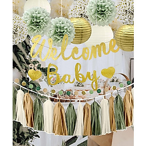 Kiwayo Baby Shower Decorations Sage Green- Welcome Baby Banner with Tissue Pom Poms, Tassel Garland, Paper Lanterns, Circle Dot Garland- Baby Gender Reveal Birthday Party Decorations