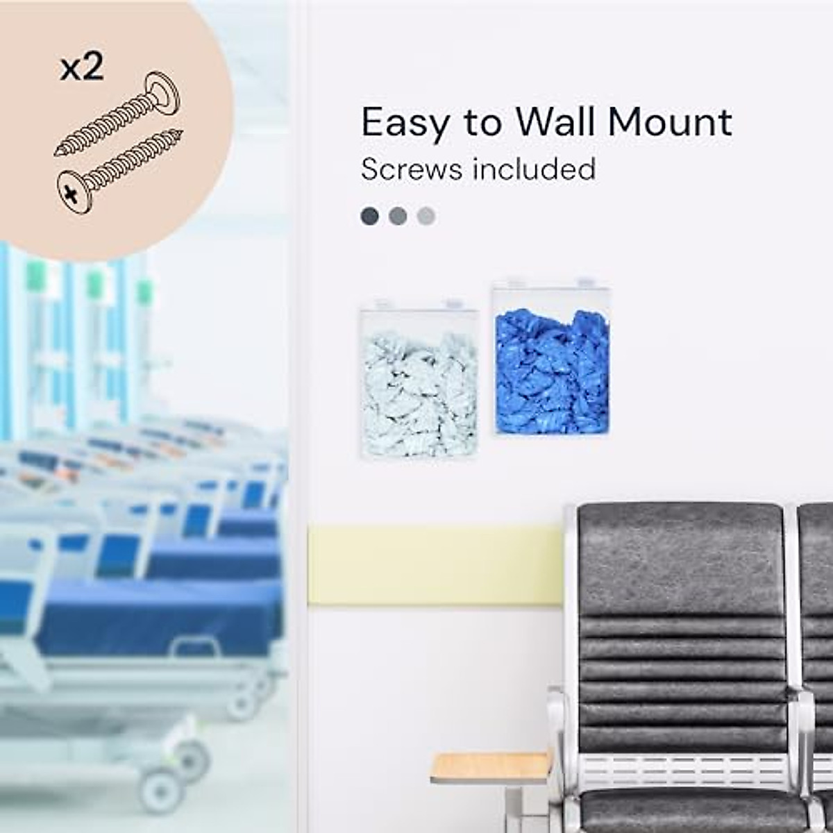 SimplyImagine Wall-Mounted Glove Dispenser for Emesis Bags, Hairnet, Face Mask, Laundry Pods, Safety Glasses, Earplugs- Acrylic Medical Shoe Covers, Safety Goggles, Toys, Hair Accessories, Beard Nets