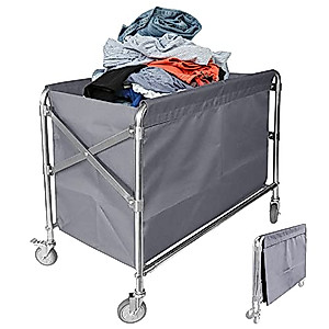 Folding Laundry Cart Commercial Rolling Laundry Basket Trucks with Wheels 440lbs Load Capacity Stainless Steel Laundry Trolley Cart for Industrial/Home 34 * 21 * 31inches (Gray)