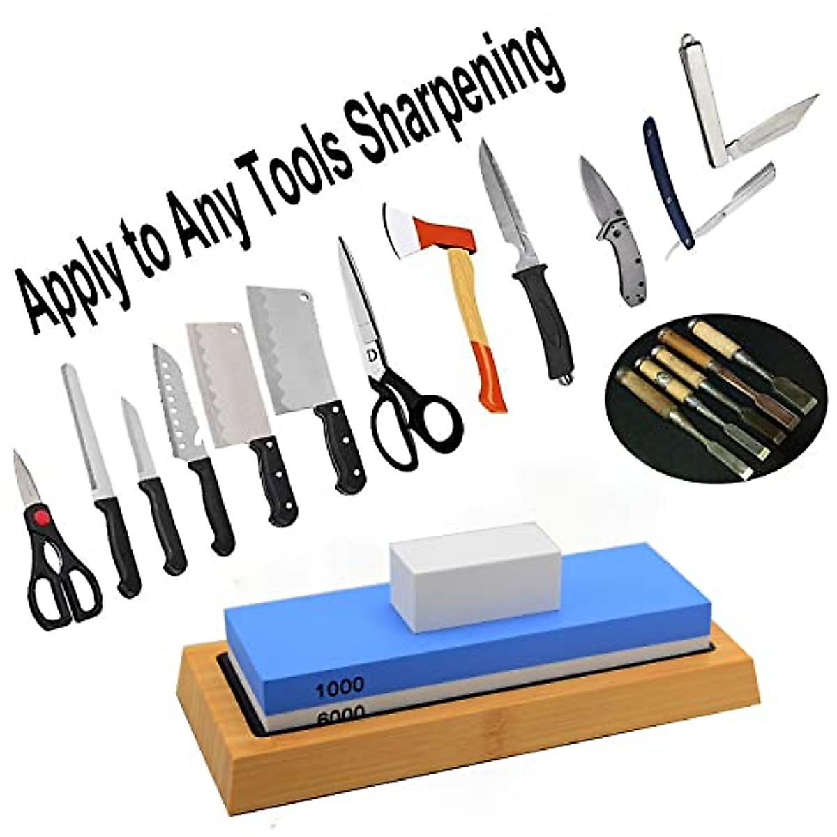 ZJNUO Whetstone Sharpening Stone Kit Dual Sided 1000/6000 Grit Professional Whetstone Knife Sharpener Stone Wet Stone Set Nonslip Rubber&Bamboo Base Angle Guide,and Fix Stone Blue/White