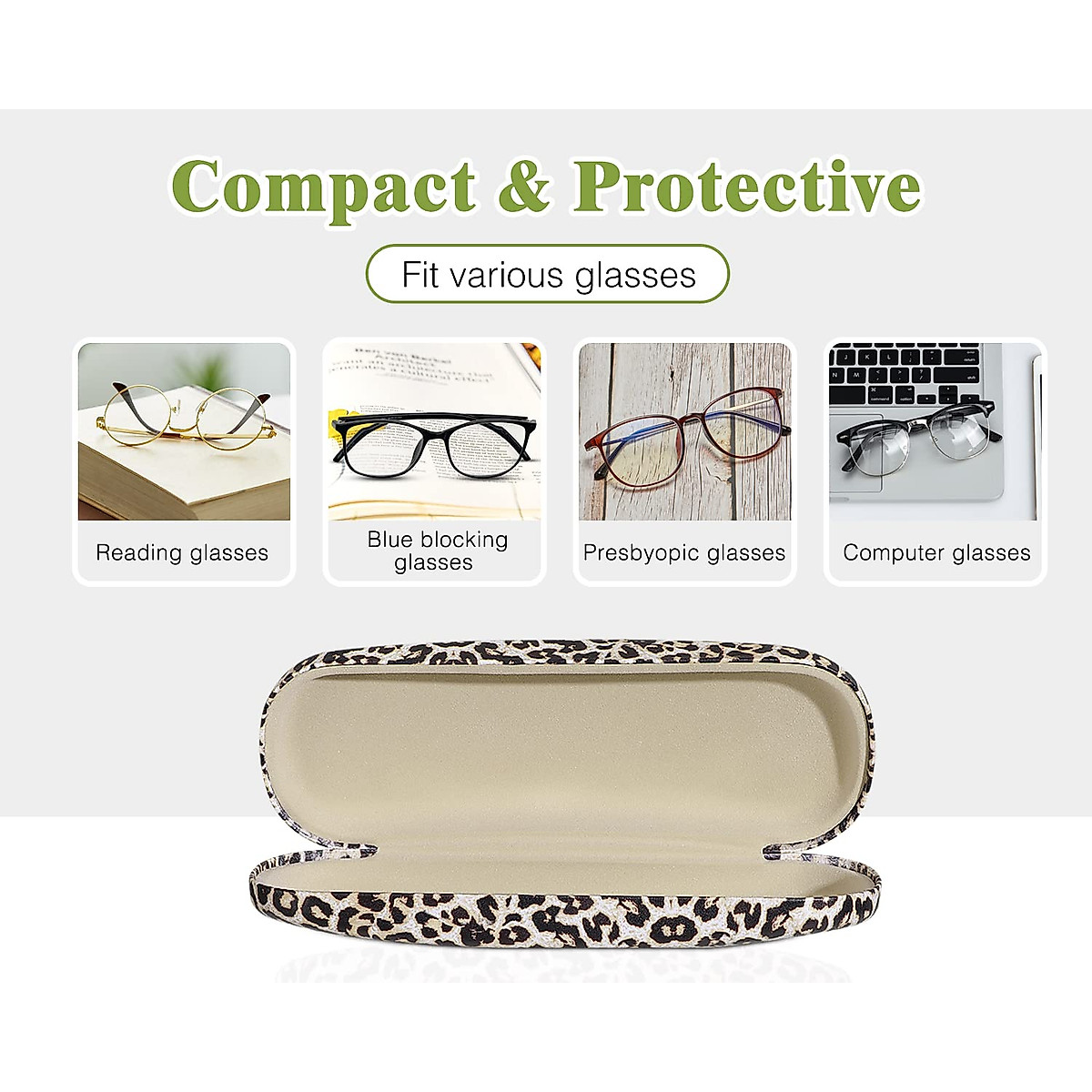 MoKo Hard Shell Eye Glasses Case with Cloth, PU Leather Protective Eyeglasses Cases Storage Organizer Travel for Men Women, Leopard