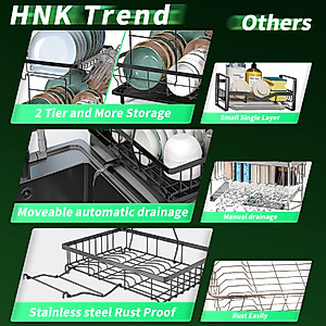 HNK Trend Dish Drying Rack, 2 Tier Stainless Steel Dish Rack with Drainboard, Dish Drainers for Kitchen Counter with Utensil Holder, Large Dishes Drying Rack Dish Drainer Organizer