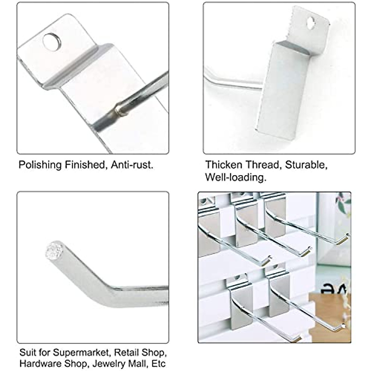 tonchean 100 PCS Chrome Slatwall Display Hooks for Slatwall Board 6 Inch Commercial Grade Metal Retail Hooks Sliver Assortment Garage Storage Organizer Display Hooks for Panel Iron