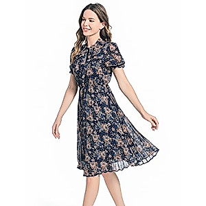 HAOKEKE Women Summer Print Dress Short Sleeves Chiffon Dress Retro Pleated Buttons Down Bow Tie Fairy Lady Dress Blue Flower US 12-14