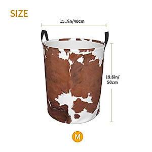 Western Cow Print Laundry Hamper - Brown Cowhide Basket with Handles Animal Skin Pattern Washing Bucket Foldable Dirty Clothes Toys Storage Bag Organizer for Girls Women Bedroom Bathroom Dorm