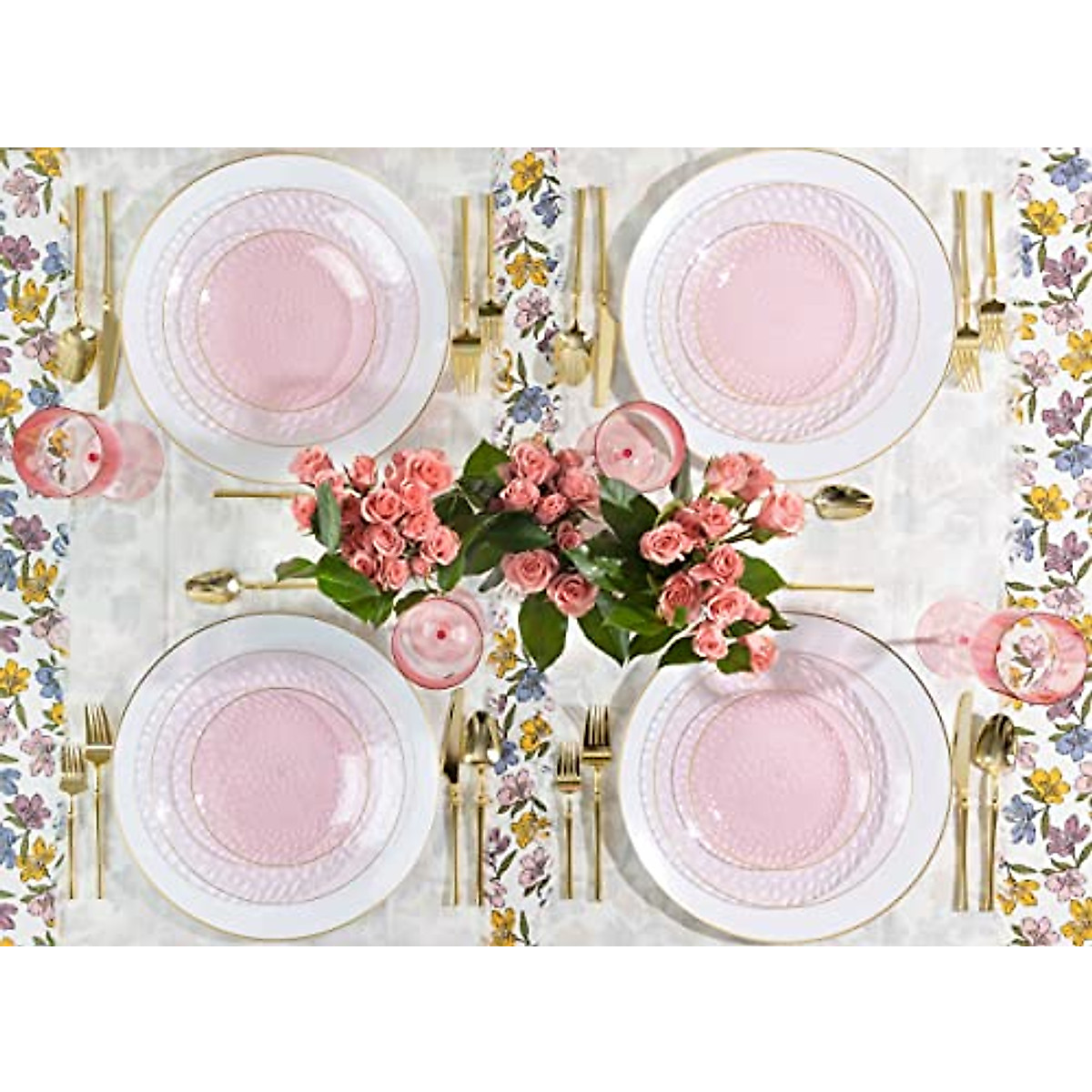 PARTY BARGAINS 7" & 10" Organic Collection Hammered Salad and Dinner Plates Combo with Gold Rim – Transparent Pink, 32-Pack Disposable Plastic Tableware for Birthdays, Banquets, and Formal Events