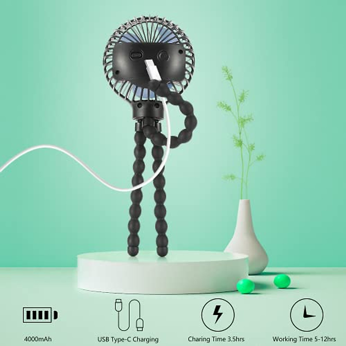 snawowo Mini Handheld Personal Portable Fan, Baby Stroller Fan, Car Seat Fan, USB or Battery Powered, with Flexible Tripod Clip on Student Bed Desk Bike Crib Treadmill Camping Traveling(Black)