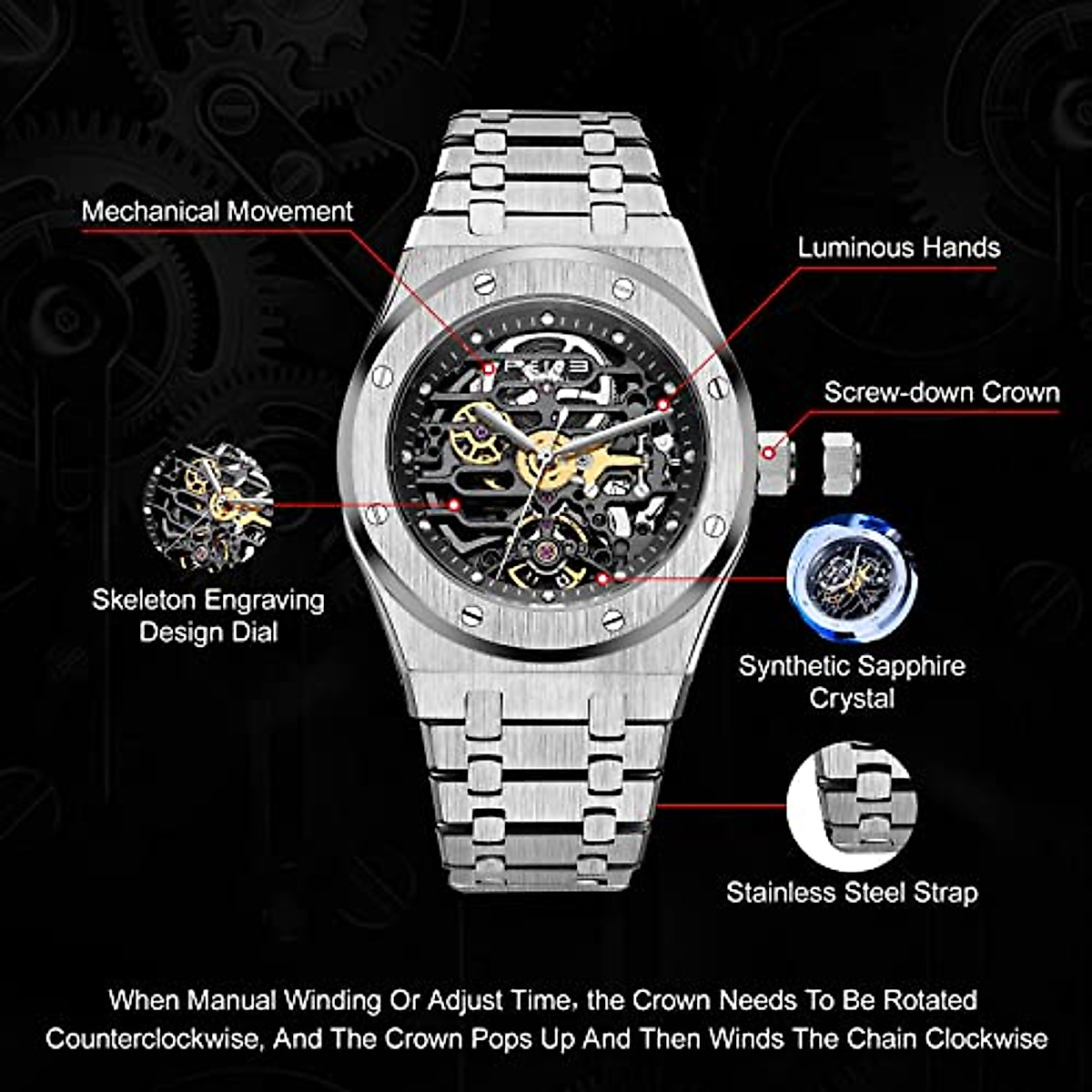 FEICE Watches for Men Automatic Skeleton Watch 42mm Case Stainless Steel Mechanical Anti Shock Waterproof Luminous Sapphire Crystal Analog Watches Business Wristwatch Adjustable Band FM019HOT