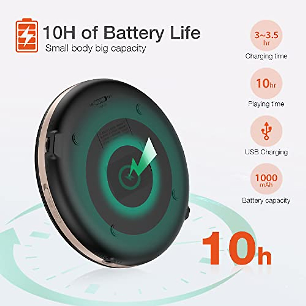 HOTT CD903TF Portable CD Player for Car with Bluetooth FM Transmitter，Rechargeable Touch Button Backlight Display Black