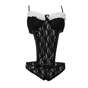 Womens Christmas Plush Lingerie Sexy Snap Crotch Bodysuit for Sex Naughty Play Cute Bowknit Corset Mesh See Through Babydoll Black