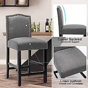 LSSBOUGHT Counter Stools, 24 inches Upholstered Bar Chairs with Solid Wood Legs and Nailed Trim Set of 2(Gray)