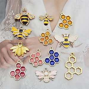 JJGQAZ 24 Pieces(12 PAIRS) Alloy Enamel Bee Charms Rhinestone Jewelry Making Bee Honeycomb Charms Pendants for Necklace Bracelet Earrings Keychain DIY Making Supplies
