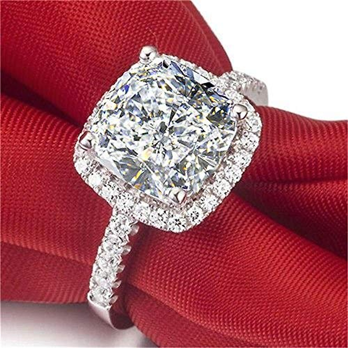 Diamonbella 101 Facets 2 Carat Princess Cushion Cut NSCD Simulated Diamond Ring 925 Silver Platinum Plated Halo (7)