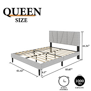 CXVX Queen Size Platform Bed Frame with Geometric Upholstered Headboard, Noise Free, Wooden Slats Support, No Box Spring Needed, Easy Assembly, Light Grey, Linen