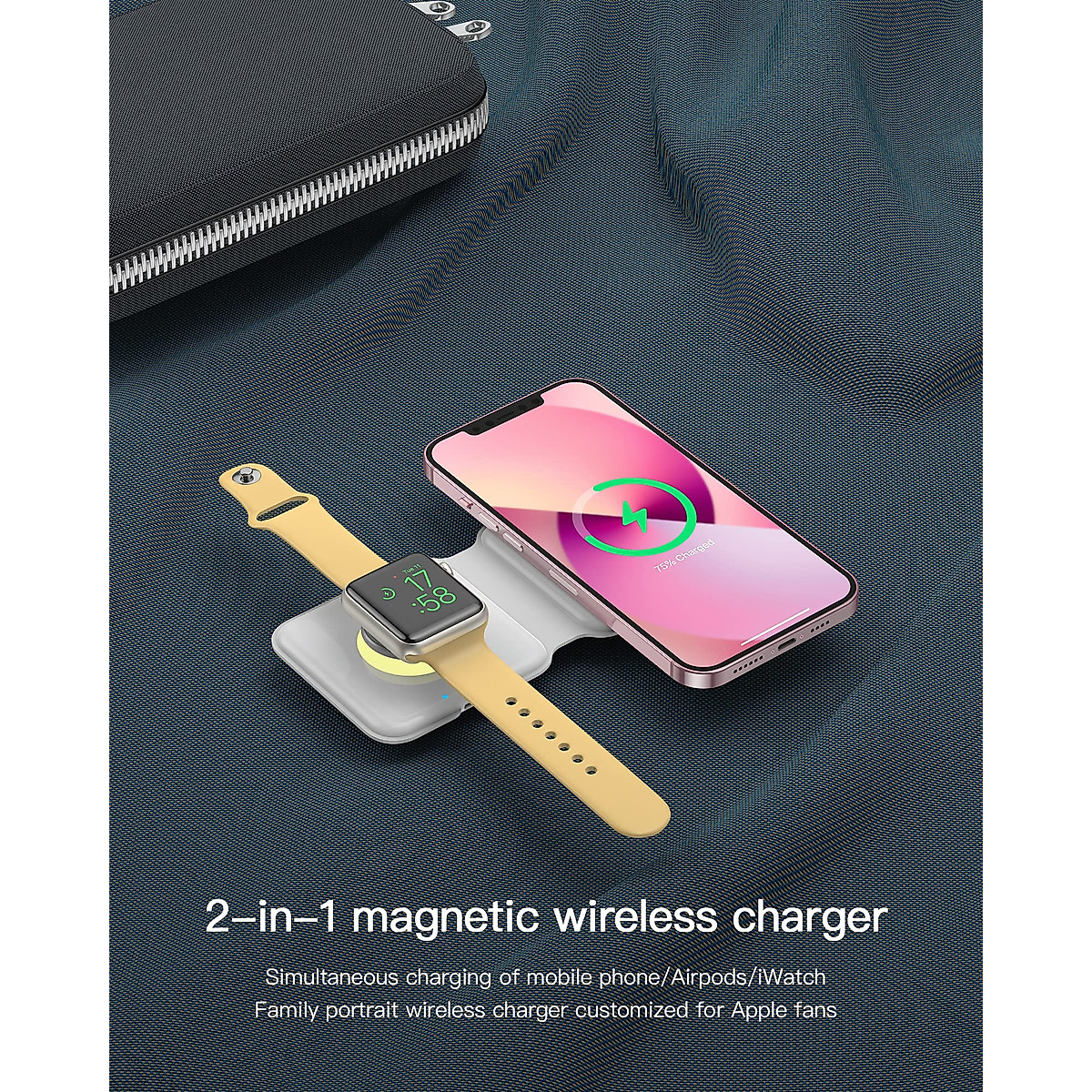 2 in 1 Foldable Wireless Charger, Wireless Charging Station for iPhone 15/14/13/12/11 Pro Max/X/XS, Fast Magnetic Travel Wireless Charging Pad for AirPods 3/2/Pro Apple Watch