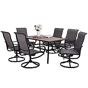 Sophia & William Patio Dining Set 7 Pieces Metal Furniture Set Outdoor, 6 x Patio Dining Swivel Chairs Textilene with 1x 6 Person Wood Like Umbrella Table for Lawn Garden