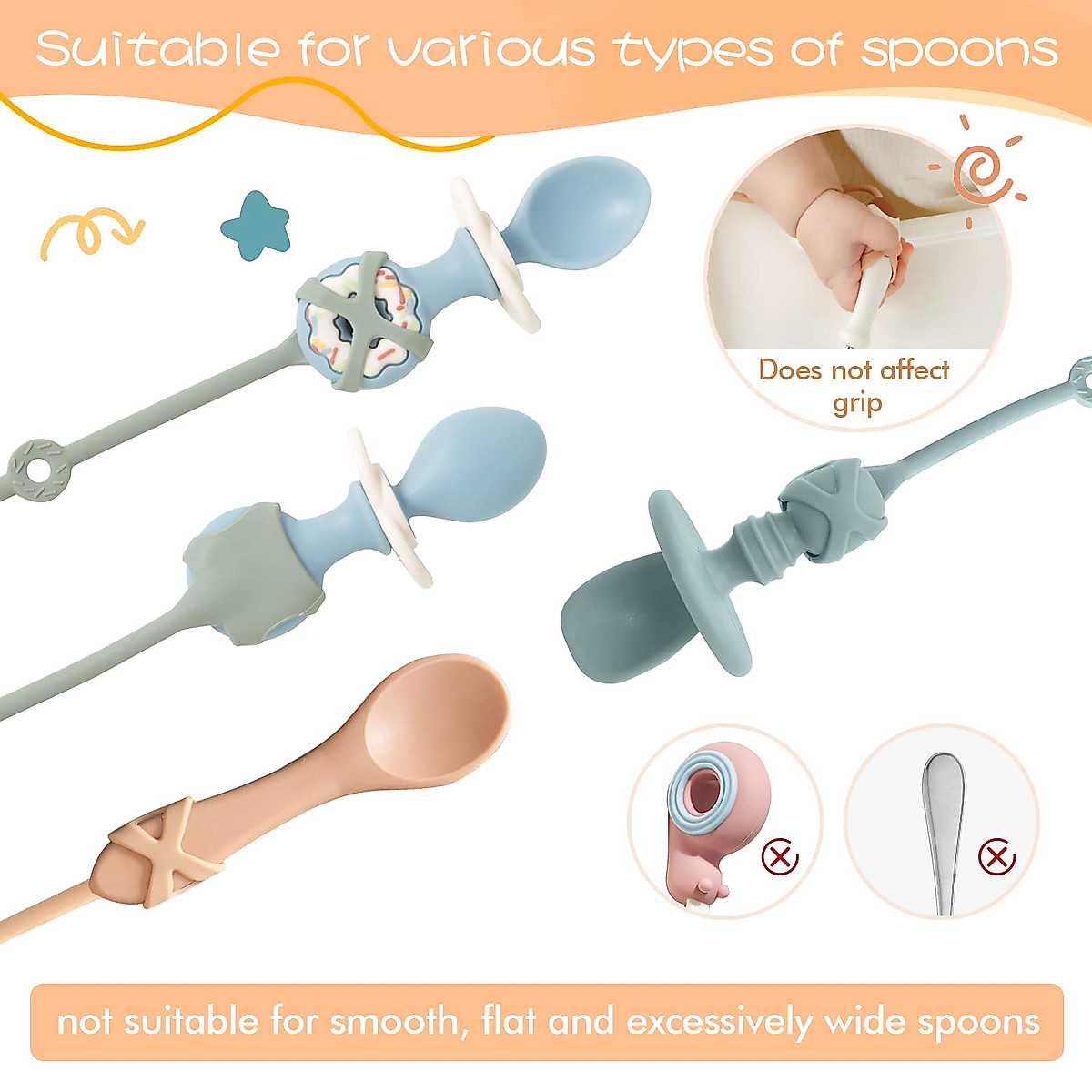 Baby Spoons Self Feeding 6 Month,SMAutoLife Toddler Utensils Holder Strap Food Grade Silicone Keep Fork and Spoon Off The Floor Great for Kids,Hook On High Chair(Orange)