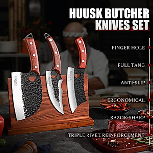 Huusk Butcher Knife Set, Hand Forged Serbian Chef Knife, Viking Boning Knife,Cleaver Knife with Sheaths, 10" High Carbon Steel Knife Steel Sharpener,3200 Grit Sharpening Steel (Round)