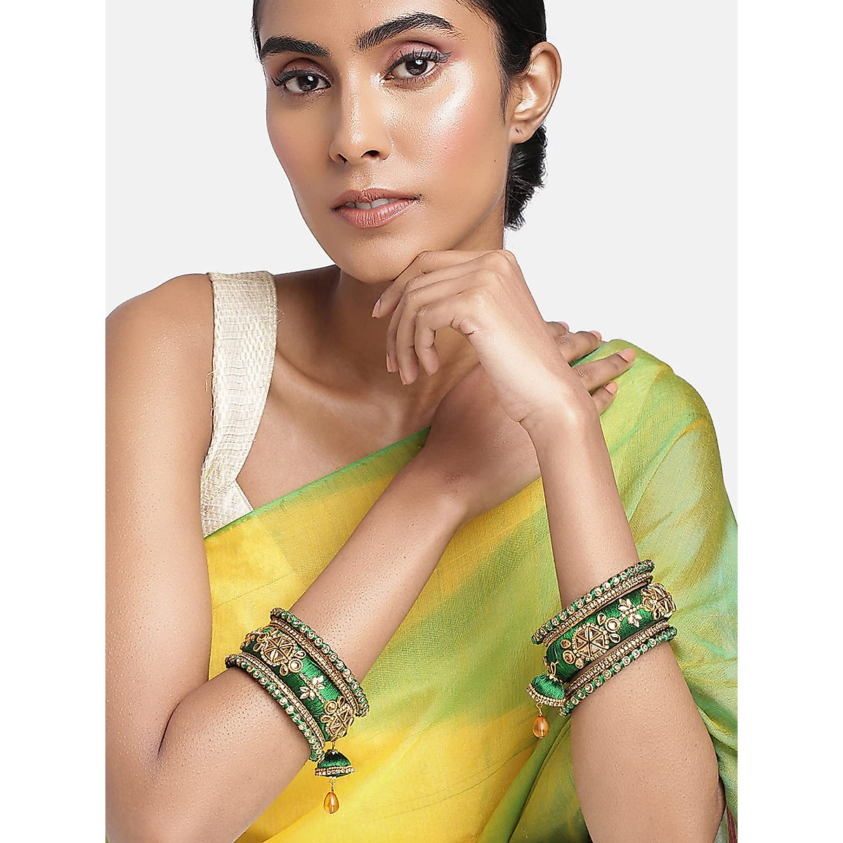 Aheli Royal Designer Faux Stone Studded Silk Thread Bangle Set Matching Chudha with Jhumki Tassel Hanging Indian Bollywood Fashion Jewelry for Women Girls (Green 2.8 Inch)