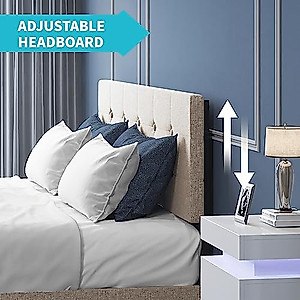 CECER California King Size Bed Frame with 4 Storage Drawers, Linen Platform Bed Frame with Upholstered and Button Tufted Headboard, No Box Spring Needed Bed Frame with Adjutable Headboard-Beige