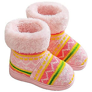Anddyam Kids Fuzzy Warm Soft Boot Slipper Non-Slip House Shoes Outdoor Indoor Winter Knitted Cozy Warm Girls Boys Slipper 12-13 pink