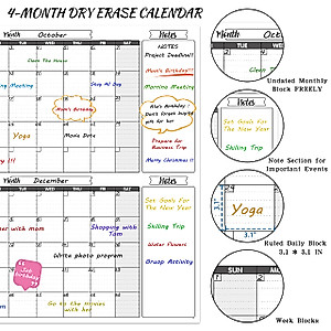 Large Dry Erase Calendar for Wall - Undated 4 Months Wall Calendar, Dry Erase Calendar, 52" x 36", Yearly Wall Calendar Dry Erase for Office, Home