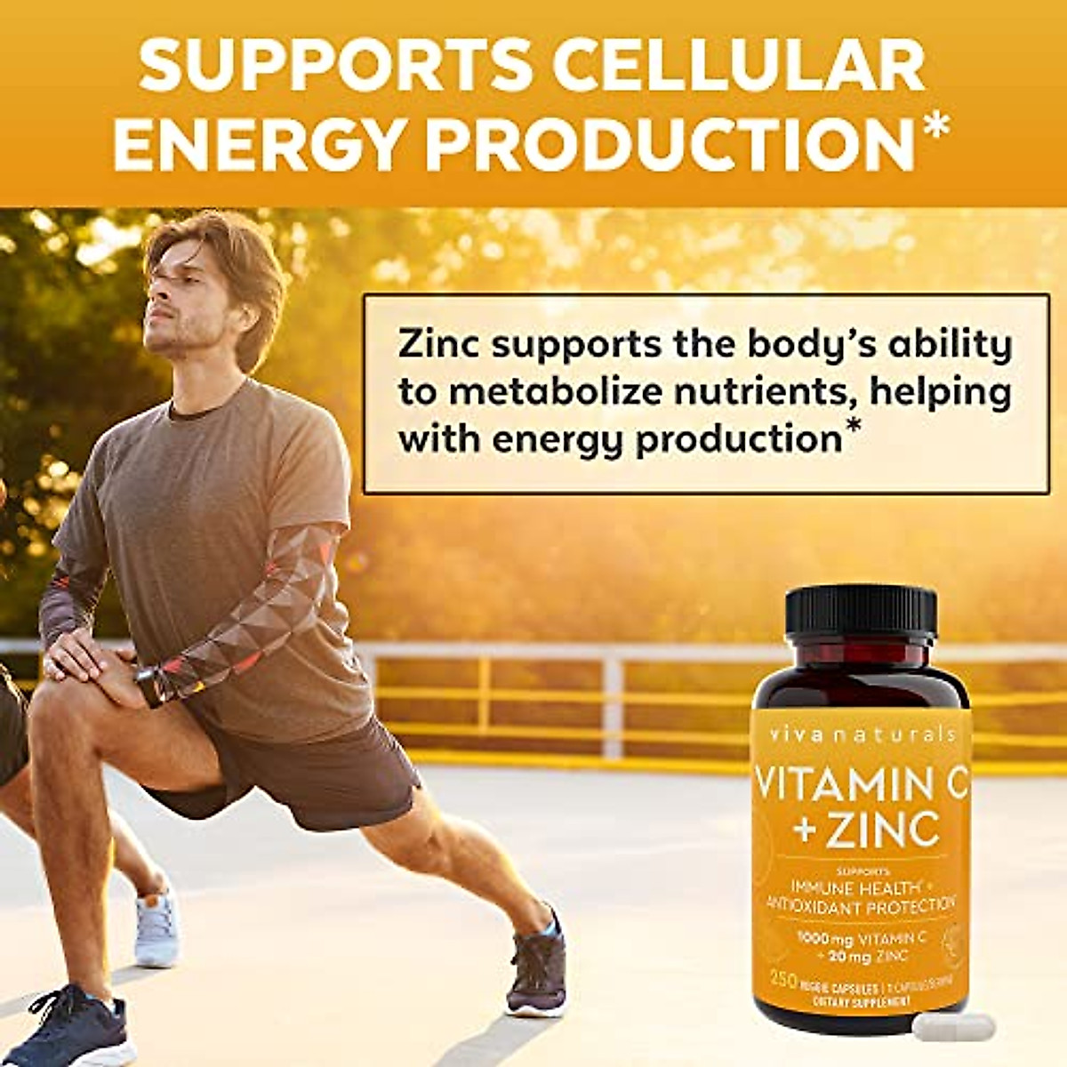 Vitamin C with Zinc (250 Veggie Capsules) - Vitamin C 1000mg and Zinc 20mg with Citrus Bioflavonoids and Rose Hips, Immune Support Supplement and Powerful Antioxidant