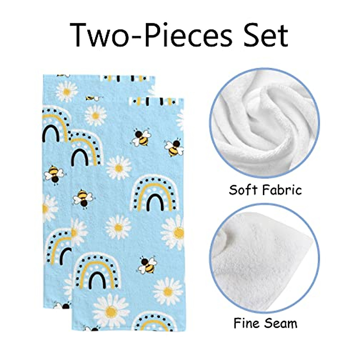 Hand Bath Towels 2 Pack Daisy Flower Bee Rainbows Absorbent Face Fingertip Towels for Bathroom Kitchen Gym Spa Soft Hair Drying Cloth Quick Dry, 30 x 15 Inch