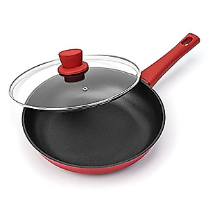 Sakuchi Nonstick Frying Pan with Lid 11 Inch, Skillet Non Stick for Induction Cooktop, Cooking Pan with Bakelite Handle, Green (11“-Red, 11In with lid)