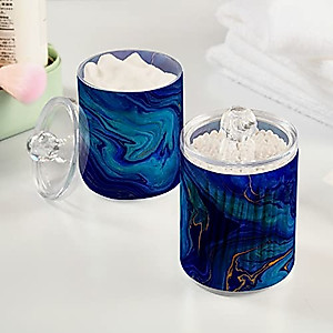 ALAZA 2 Pack Qtip Holder Dispenser Navy Blue Marble Bathroom Organizer Canisters for Cotton Balls/Swabs/Pads/Floss,Plastic Apothecary Jars for Vanity