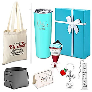 Teacher Gift, Christmas Gift for Teacher Appreciation Gifts Boxes Birthday Gifts 8 PCS Include Teacher Tumbler Canvas Tote Bag Leather Storage Bucket Flower Greeting Card Bookmarks Key Chain (Blue)