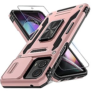 DEERLAMN Case Compatible with Moto G 5G 2023 with Slide Camera Cover+Screen Protector(1 Pack),Rotated Ring Kickstand Military Grade Shockproof Protective Cover-Rose Gold