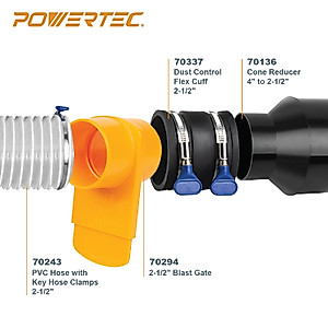 POWERTEC 70402 4" Hose to 2-1/2" Hose Cone Reducer and 2-1/2" Dust Control Flex Cuff with Adjustable Key Hose Clamps for Dust Collection on Power Tool and Vacuum