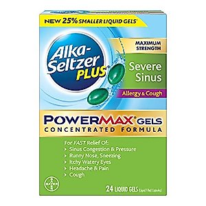 ALKA-SELTZER PLUS Maximum Strength PowerMax Allergy and Cough Medicine, Liquid Gels for Adults with Pain Reliever, Fever Reducer, Cough Suppressant, Antihistamine, Nasal Decongestant, 24 Count
