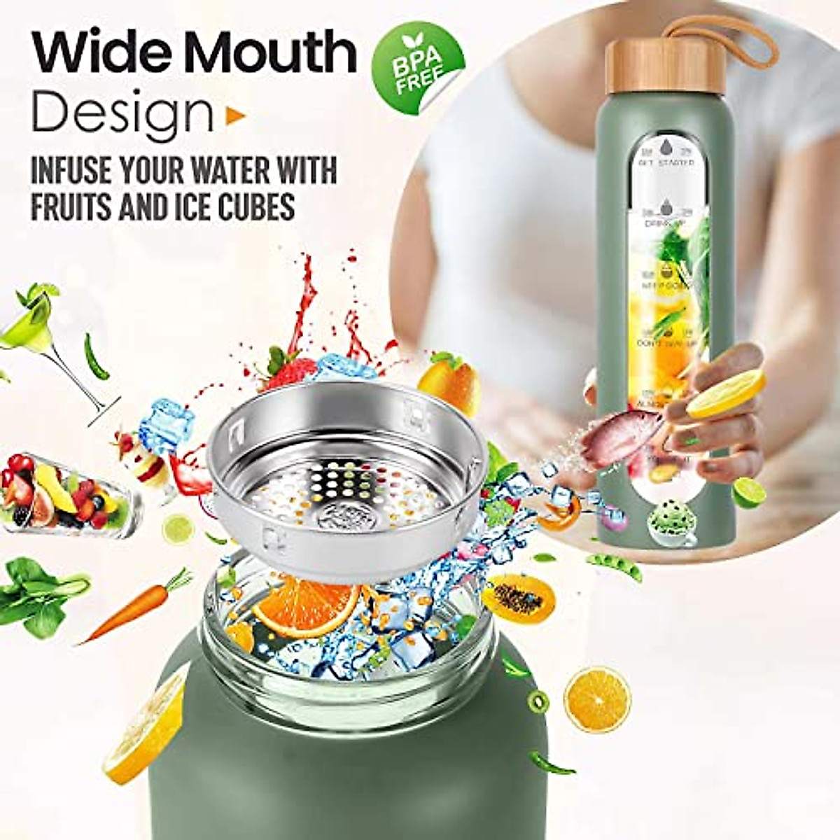 Aqulea 32 Oz Borosilicate Glass Water Bottle with Times to Drink | BPA Free - Reusable Wide Mouth Motivational Water Bottles with Infuser & Silicone Sleeve with Time Marker