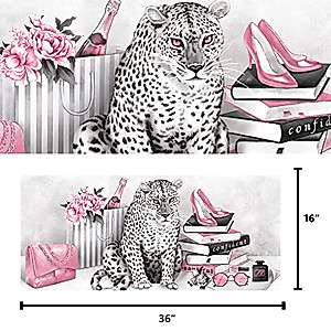 Visual Art Decor Glam Fashion Picture Pink Blush Wall Art Leopard Books High Heel Shoes Perfume Canvas Prints for Modern Home Office Woman Girl Makeup Bedroom Wall Decoration Creative Design Gift (12x16x3)