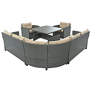 Outdoor Patio Furniture Conversation Sets Dinning Set, with Plywood Table, 6 Pieces All-Weather PE Wicker Curved Cushioned Sectional Sofa Set with Pillows (6-Piece + Beige + Plywood Table)
