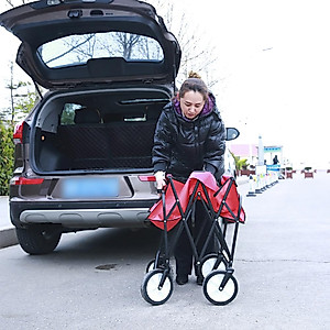 Collapsible Folding Wagon, Heavy Duty Utility Beach Wagon Cart with Side Pocket, Large Capacity Foldable Grocery Wagon for Garden Sports Outdoor Use (Red)