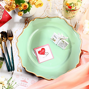 Mumufy 24 Pack Charger Plates Bulk 13 Inch Green Charger Plates Gold Trim Reusable Heavy Duty Large Round Dinner Chargers with Scalloped Rim for Wedding Upscale Party Festival Table Decoration