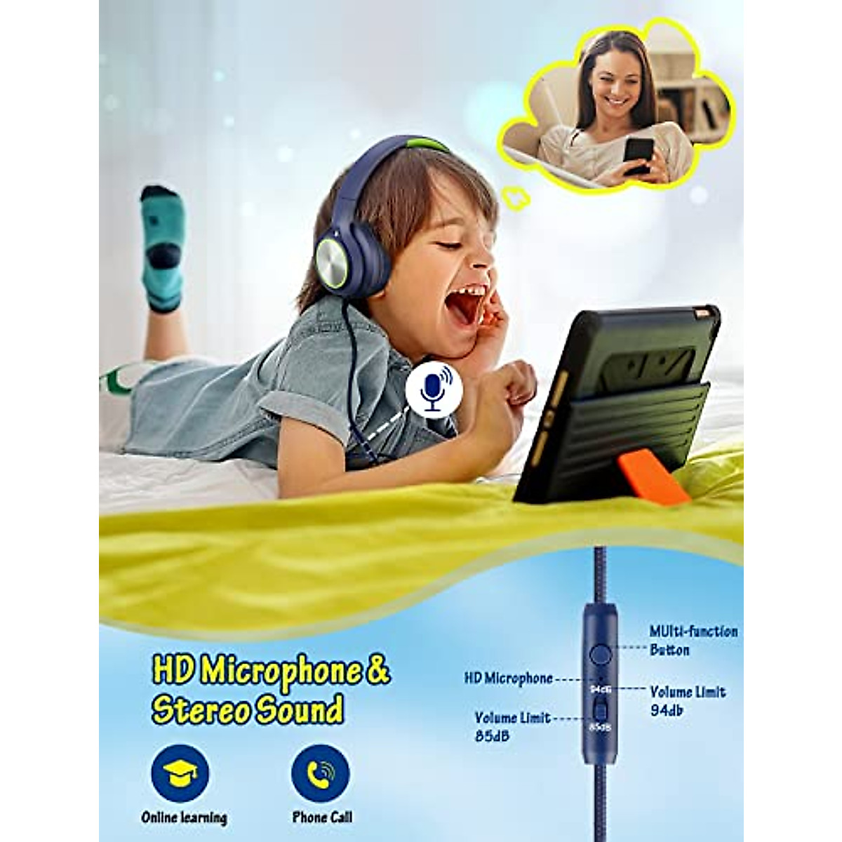 Voopwink Kids Headphones with Microphone, Wired Over Ear Headsets with Limited Volume 85dB/ 94dB for Boys Girls Teens Children Online School/Travel/iPad/Tablet/Cellphone