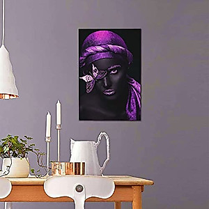 Siufgak Black Women Canvas Wall Art African American Purple Turban Butterfly Poster Black Art Fashion Contemporary Artwork For Living Room Bedroom (16"X24" Unframed)