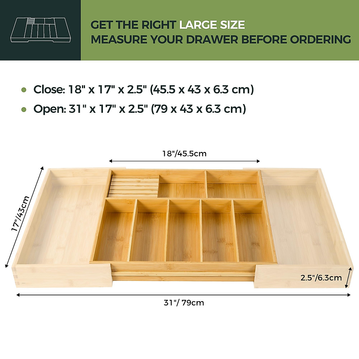 VaeFae Extra Large Kitchen Utensil Holder, Bamboo Silverware Drawer Organizer, Expandable Cutlery Organizer with Knife Block, Multifunctional Wooden Drawer Divider