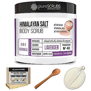 pureSCRUBS Premium Pink Himalayan Salt Body Scrub Set - Large 16oz LAVENDER SCRUB, Organic Essential Oils & Nutrients INCLUDES Wooden Stirring Spoon, Loofah & Mini Exfoliating Bar Soap