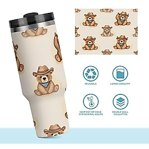 Flradish 40oz Tumbler with Handle, Funny Cowboy Bear Stainless Steel Tumbler with Lid and Straws Double Wall Vacuum Insulated Leakproof Coffee Travel Mug