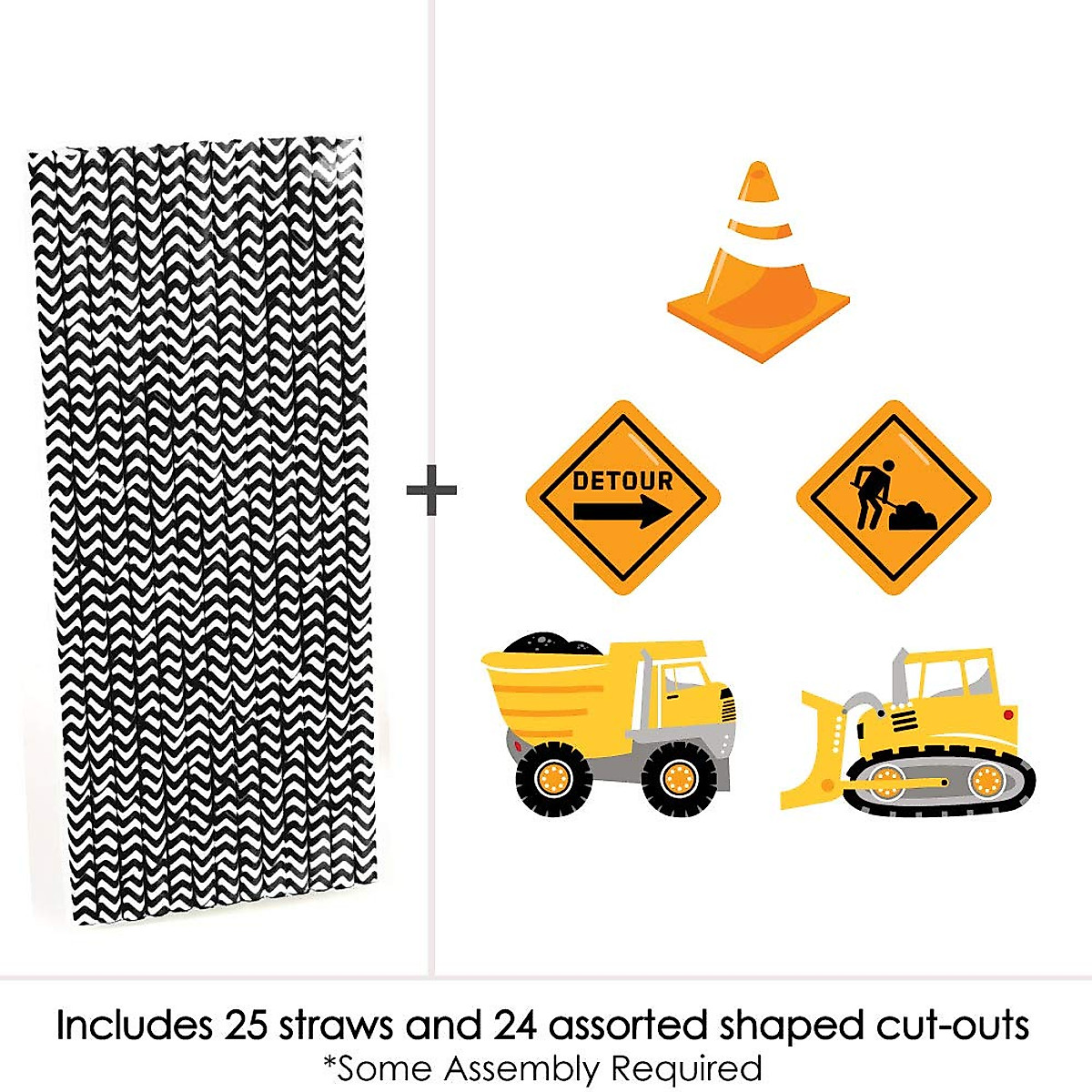 Big Dot of Happiness Dig It - Construction Party Zone - Paper Straw Decor - Baby Shower or Birthday Party Striped Decorative Straws - Set of 24