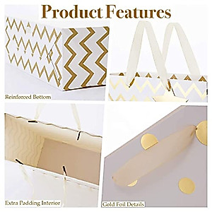 UNIQOOO 12PCS Metallic Gold Christmas Gift Bags Bulk with Handle, Large 12.5 x10 Inch, Assorted Modern Geometric Paper Gift Wrap Bags, For Valentines Day Holiday Birthday Wedding Gift Packaging Decor